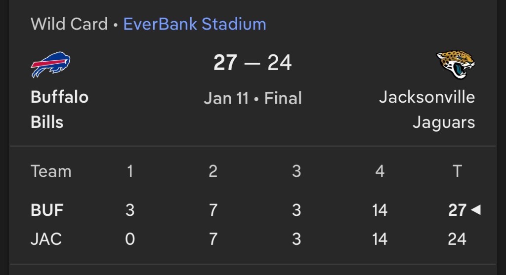 Buffalo Bill 27-Jacksonville Jaguars 24-The AFC Wild Card Game ...